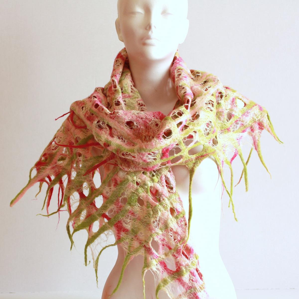 Women Felted Scarf Cobweb Felt Wool Silk Shawl - Pink Green White on Luulla
