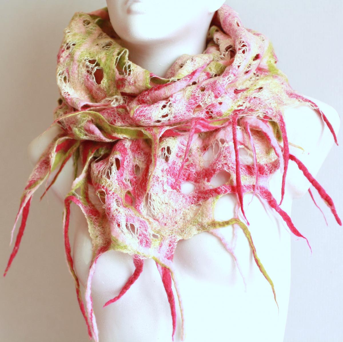 Women Felted Scarf Cobweb Felt Wool Silk Shawl - Pink Green White on Luulla