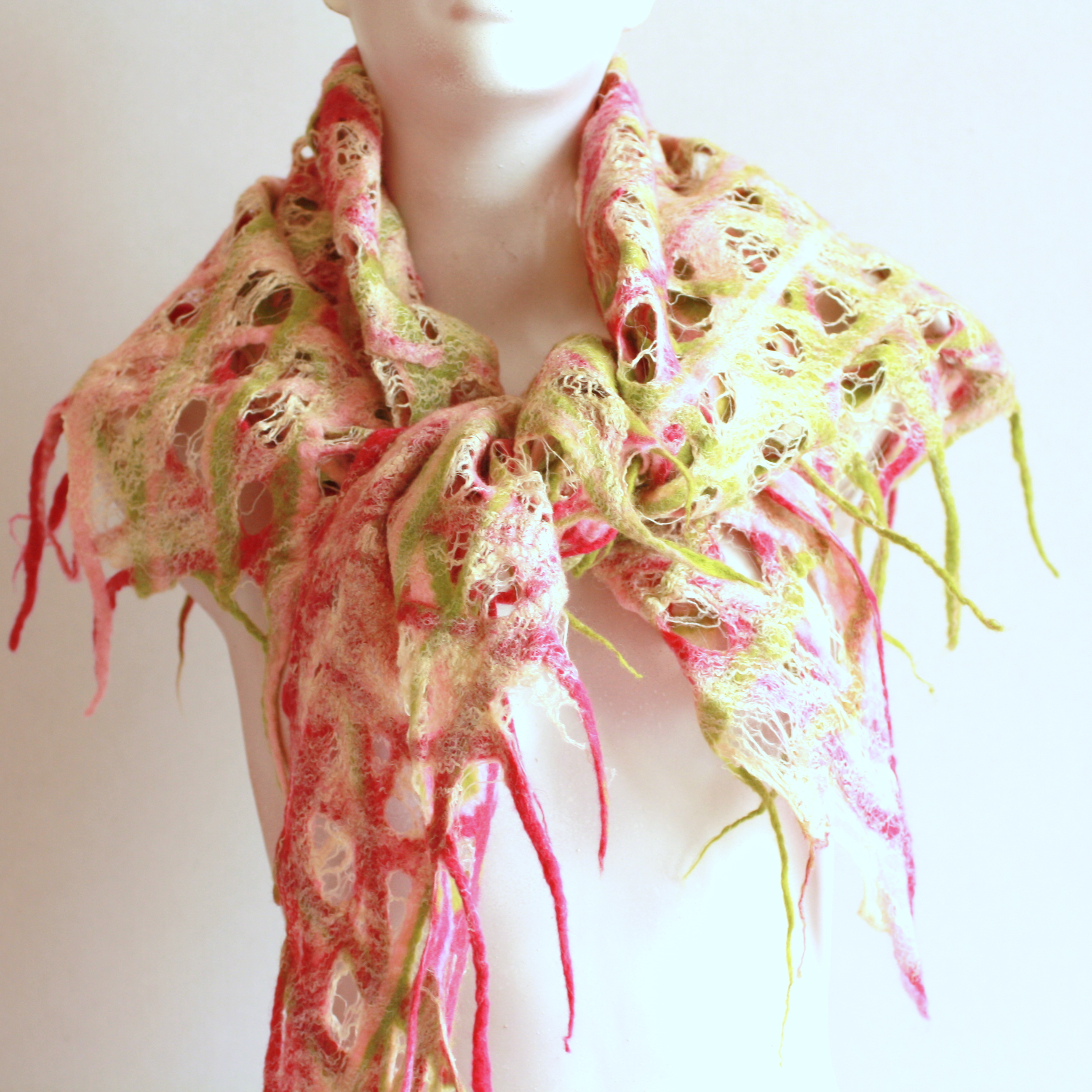 Women Felted Scarf Cobweb Felt Wool Silk Shawl - Pink Green White on Luulla